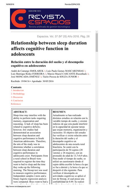 Pdf Relationship Between Sleep Duration Affects Cognitive Function In