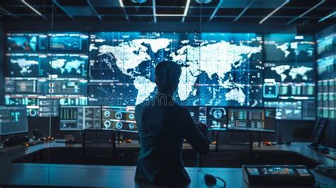 Professional Monitoring World Data At A High Tech Control Room Stock