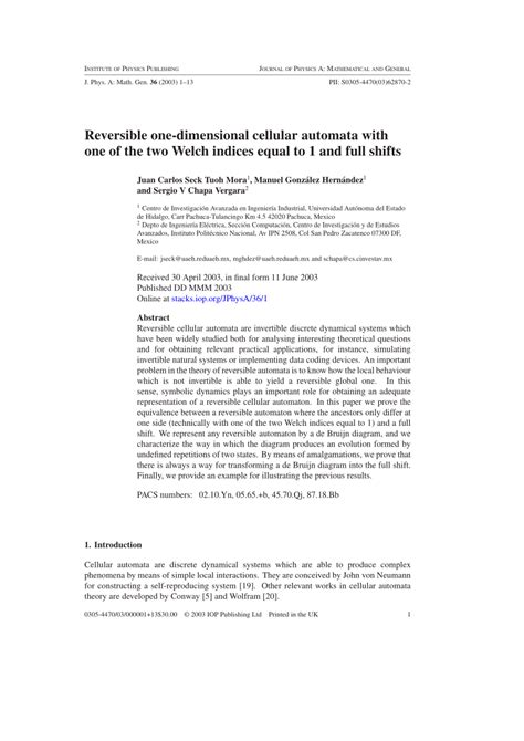 Pdf Reversible One Dimensional Cellular Automata With One Of The Two Welch Indices Equal To 1