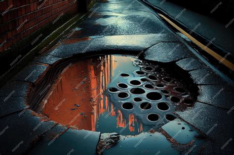 Premium Ai Image Sewer Overflow Spilling Onto The Pavement With Puddles Of Murky Water