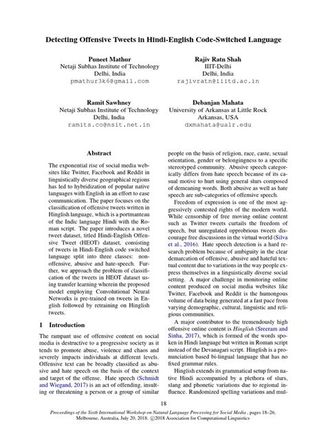 Detecting Offensive Tweets In Hindi English Code Switched Language W18 3504 Pdf Cognitive