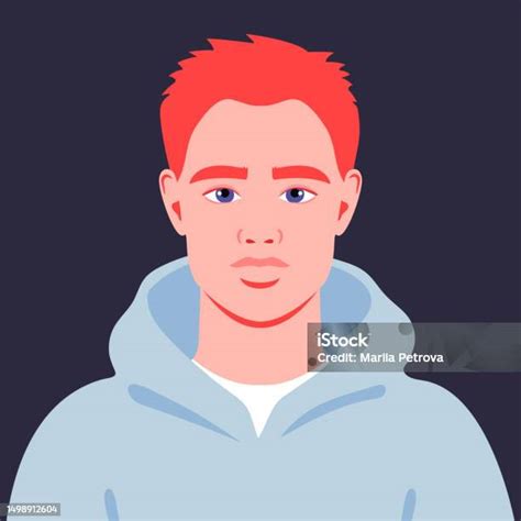 파란 까마귀를 입은 젊은 빨간 머리 남자 추상적인 남자의 초상화 플랫 스타일의 전체 얼굴 추상 남성 아바타 가득 찬에 대한 스톡 벡터 아트 및 기타 이미지 Istock