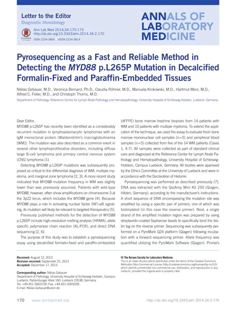Pdf Pyrosequencing As A Fast And Reliable Method In Detecting The Myd88 P L265p Mutation In
