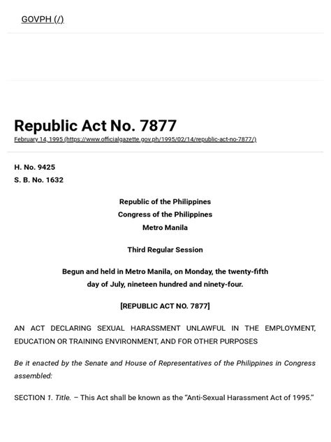 Republic Act No 7877 Official Gazette Of The Republic Of The
