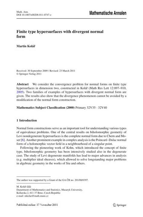 Pdf Finite Type Hypersurfaces With Divergent Normal Form Dokumentips