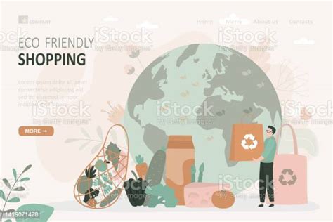 환경 친화적 인 쇼핑 방문 페이지 템플릿 의식적인 소비 남성 구매자는 환경 친화적 인 음식으로 종이 봉지를 운반합니다 지속 가능한 개발의 개념 녹색 기술 가방에 대한 스톡