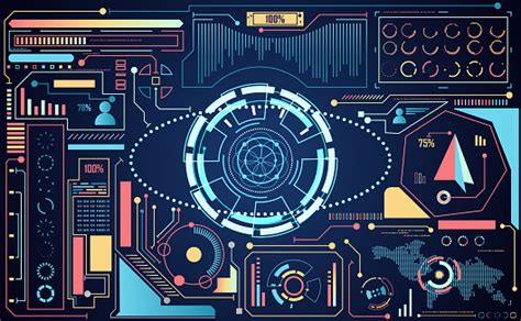 추상적인 기술 Ui 미래 Ai 다채로운 Hud 인터페이스 홀로그램의 요소 디지털 데이터 차트 통신 컴퓨팅 및 원형 활력 혁신에 안녕 기술 미래 디자인 배경 과학에 대한 스톡