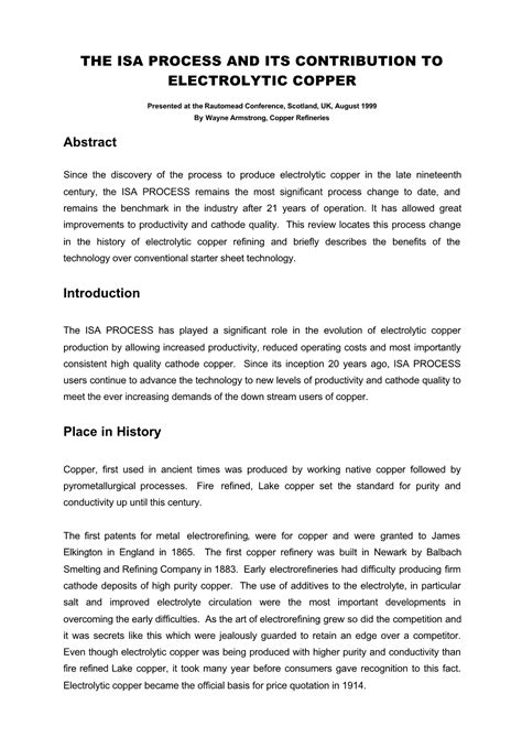 The Isa Process And Its Contribution To Electrolytic Copperpdf Docslib