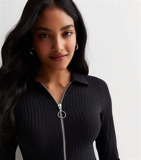 Black Zip Detail Long Sleeve Bodysuit New Look