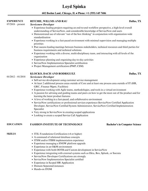 Servicenow Developer Resume Samples Velvet Jobs