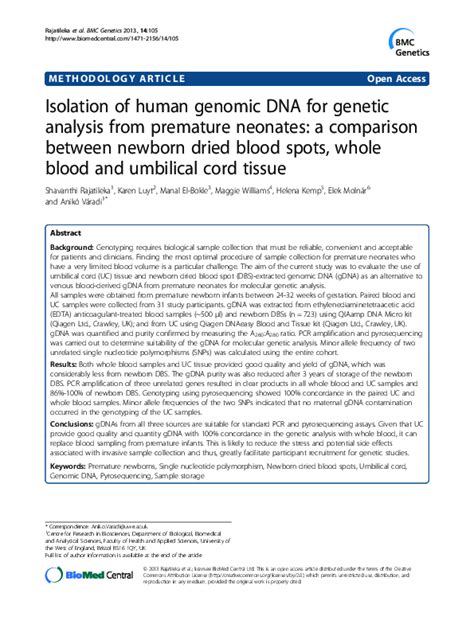 Pdf Isolation Of Human Genomic Dna For Genetic Analysis From Premature Neonates A Comparison