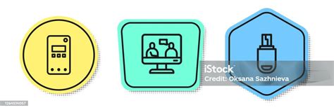 설정 회선 휴대 전화 온라인 교육 및 Usb 플래시 드라이브 컬러 셰이프입니다 벡터 Usb 케이블에 대한 스톡 벡터 아트 및