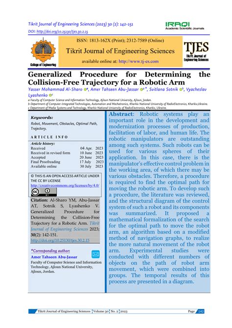 Pdf Generalized Procedure For Determining The Collision Free Trajectory For A Robotic Arm