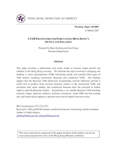 Pdf A Var Framework For Forecasting H K Output And €¦ · Are Carried