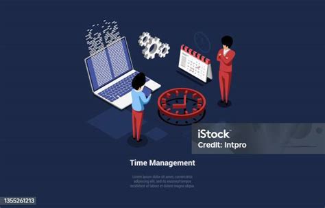 만화 3d Syle의 개념적 디자인 벡터 일러스트레이션 등소 구성 시간 관리 및 성공적인 계획 두 문자 인포 그래픽 중요한 목표 노트북 및 정보를 갖춘 캘린더 3차원 형태에