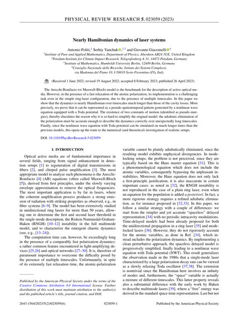 Pdf Nearly Hamiltonian Dynamics Of Laser Systems