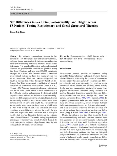 Sex Differences In Sex Drive Sociosexuality And Height Across 53 Nations Testing Evolutionary