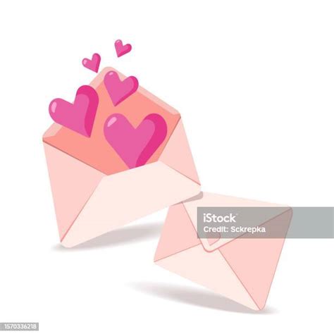 봉투 위로 올라가는 하트가 있는 분홍색 봉투를 열었습니다 초대장 또는 메시지 편지 개념입니다 세인트 발렌타인 데이 배너 디자인
