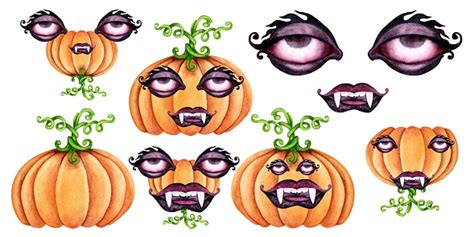 할로윈을 위한 수채화 괴물 호박과 눈과 입술이 있는 판타지 마스크 가공의 인물에 대한 스톡 벡터 아트 및 기타 이미지 가공의