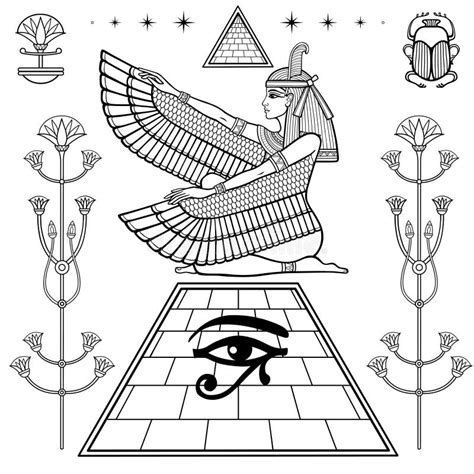 神秘线性图 埃及金字塔顶端的有翼女神is 莎草花 向量例证 插画 包括有 镇痛药 闹事 249568067