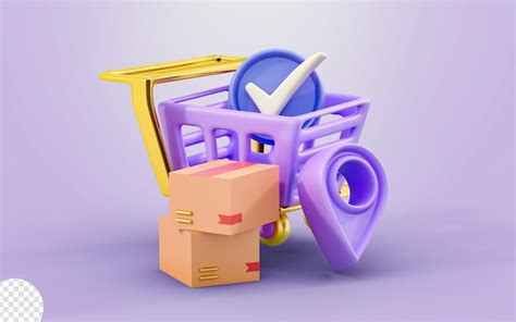 제품 배송 완료를 위한 위치 확인 표시가 있는 쇼핑 카트 소포 상자 3d 렌더링 개념 프리미엄 Psd 파일