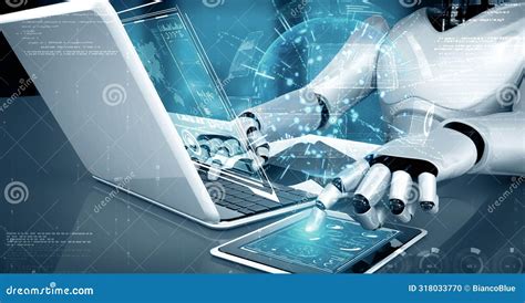 Mlp Robot Hominoid Use Laptop And Sit At Table For Big Data Analytic Stock Illustration