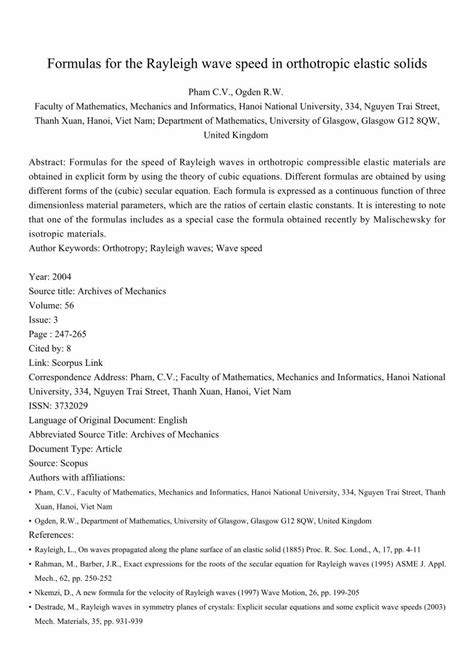 Pdf Formulas For The Rayleigh Wave Speed In Orthotropic