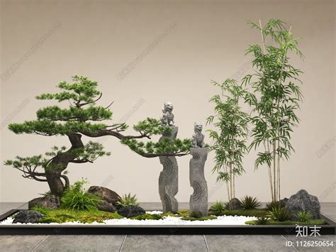 新中式松树竹子庭院小品su模型下载【id1126250654】知末su模型网