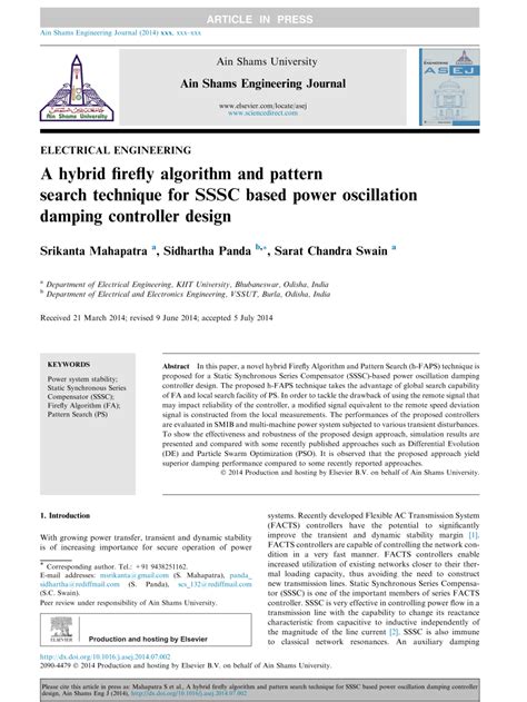 PDF A Hybrid Firefly Algorithm And Pattern Search Technique For SSSC Based Power Oscillation