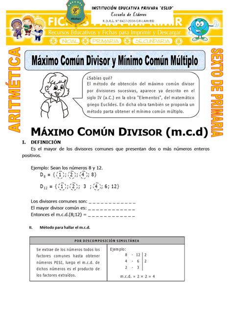 Máximo Común Divisor Y Mínimo Común Múltiplo Para Sexto De Primaria Descargar Gratis Pdf