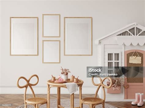 어린이 방 내부의 프레임 모형 보육원 인테리어 보호 스칸디나비아 에코 스타일 3d 렌더링 3d 그림 0명에 대한 스톡 사진 및 기타 이미지 Istock