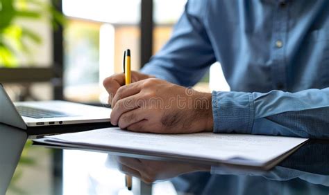 Man Writing On Paper With Yellow Pen At Home Office Desk Stock Illustration Illustration Of