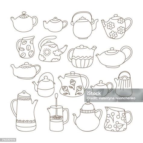 귀여운 낙서 찻 주전자 세트 빈티지 주방 식기 컬렉션 세라믹 또는 도자기 기구 벡터 일러스트 레이 션 찻주전자와 주전자가 흰색에