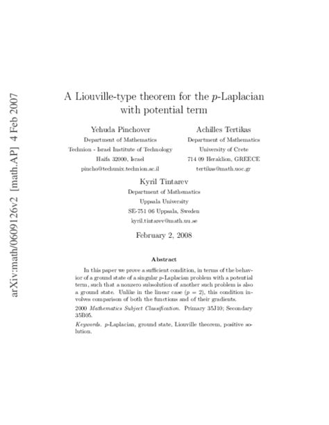 Pdf A Liouville Type Theorem For The P Laplacian With Potential Term