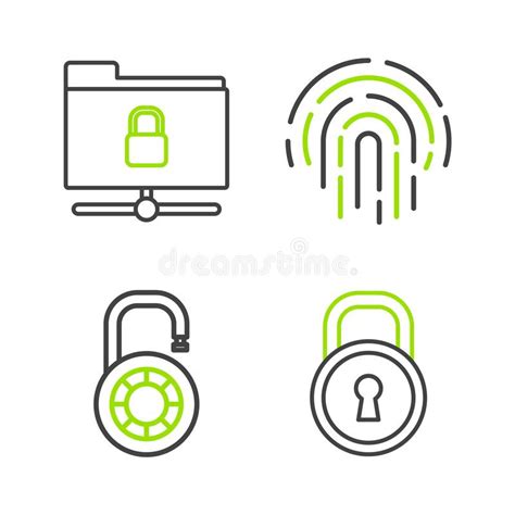 Set Line Lock Safe Combination Lock Wheel Fingerprint And Ftp Folder And Icon Vector Stock