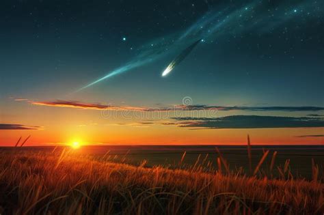 Illustration Of Comet Over The Field At Sunset Photo Realistic Hyper Detail Stock Illustration