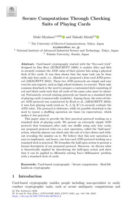 Pdf Secure Computations Through Checking Suits Of Playing Cards