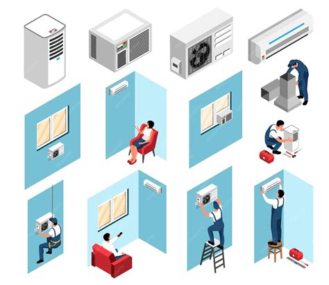 냉각 기술 설치 격리 벡터 일러스트와 함께 설정 아이소메트릭 에어컨 아이콘 무료 벡터