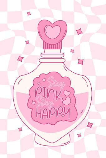 빈티지 코케트 핑크 병 매직 엘릭서와 그루비 동기 부여 인용구 레터링 로맨틱한 여성스러운 분위기 벡터 일러스트 레이 션 트렌디한 미적 카드 왜곡 된 트위스트 체크 무늬 배경