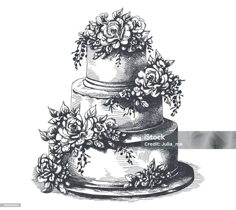 꽃이 있는 큰 계층의 우아한 웨딩 케이크 스케치 그림입니다 라인 아트 아름다움에 대한 스톡 벡터 아트 및 기타 이미지 아름다움 생일 케이크 케이크 Istock