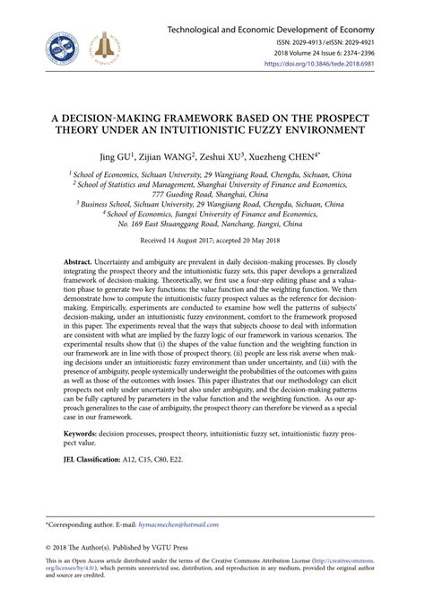 Pdf A Decision Making Framework Based On The Prospect Theory Under An Intuitionistic Fuzzy