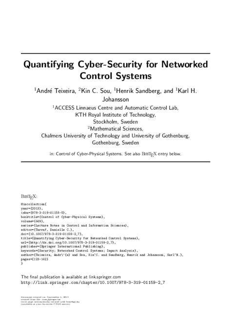 Pdf Quantifying Cyber Security For Networked Control Systems