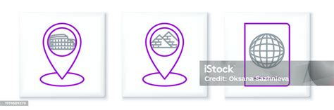 생체 인식 데이터와 라인 여권을 설정 지도 포인터 로마 이탈리아와 이집트 피라미드 아이콘의 콜로세움 벡터 건네주기에 대한 스톡 벡터 아트 및 기타 이미지 Istock