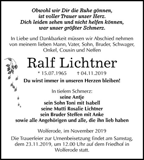 Traueranzeigen Von Ralf Lichtner Abschied Nehmende