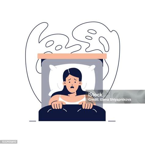악몽 장애 개념 무서운 여자는 악몽에서 깨어나 침대에 누워 유령을 두려워하고 있습니다 수면 장애 야간 공포 웹 디자인용 불면증 플랫 벡터 일러스트레이션 겁먹은에 대한 스톡