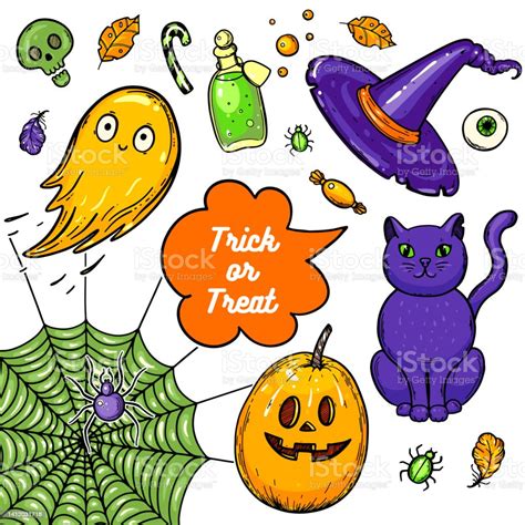 할로윈 손으로 그린 컬렉션 벡터 일러스트레이션 컬러 디자인 템플릿 10월에 대한 스톡 벡터 아트 및 기타 이미지 10월 가공의 인물 가마솥 Istock
