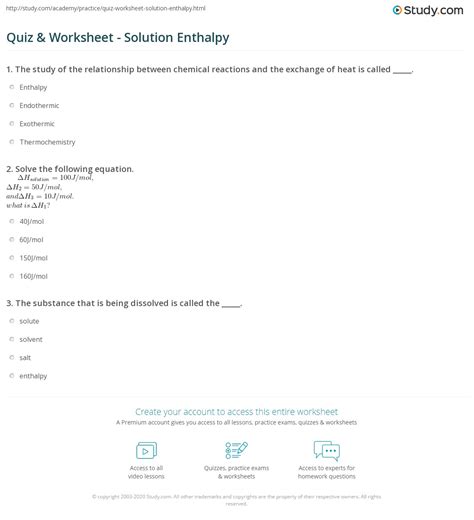 quiz and worksheet solution enthalpy