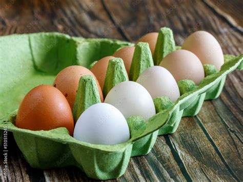 Colorful Organic Chicken Eggs In Green Egg Carton These Eggs Were