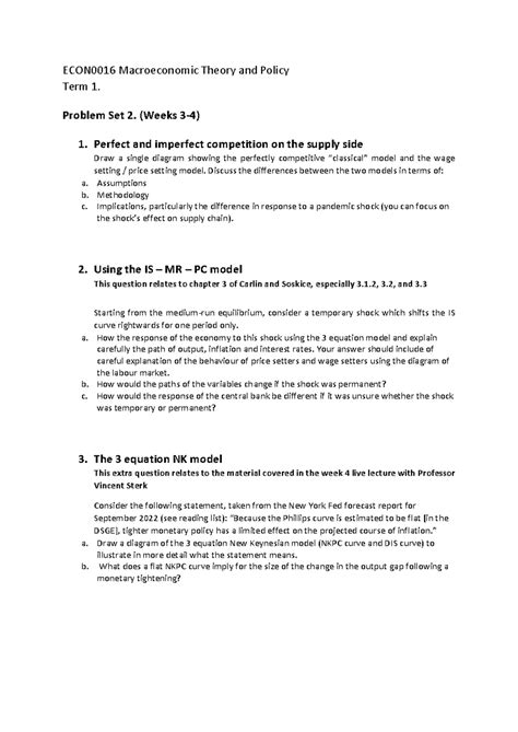 Problem Set 2 Econ0016 Macroeconomic Theory And Policy Term 1 Problem Set 2 Weeks 3 4 1