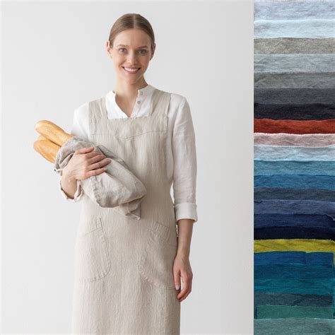 Japanese Cross Back Linen Apron In Various Colours Washed Linen No